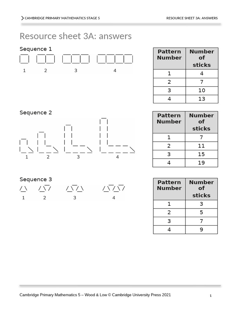 Prim Maths 5 2ed TR Resource Sheet Answers 3a | PDF