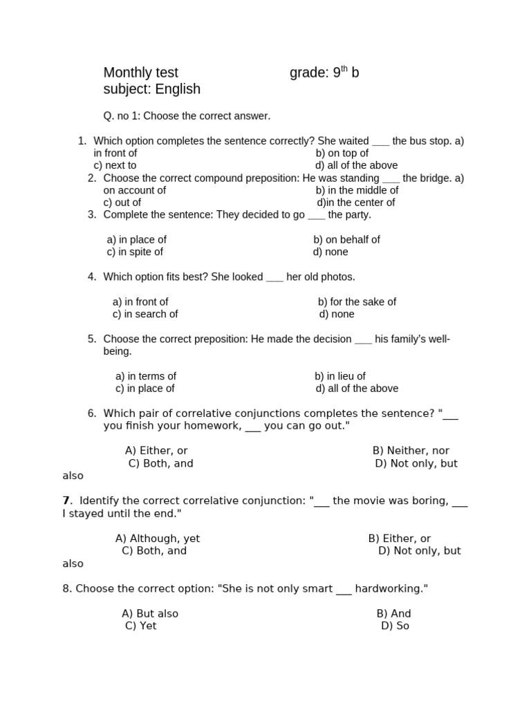 Monthly Test Grade 9 | PDF