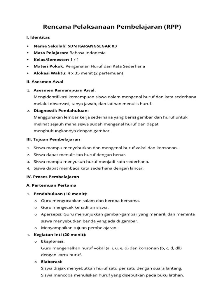 RPP BAHASA INDONESIA KELAS 1 SEMESTER 1 | PDF