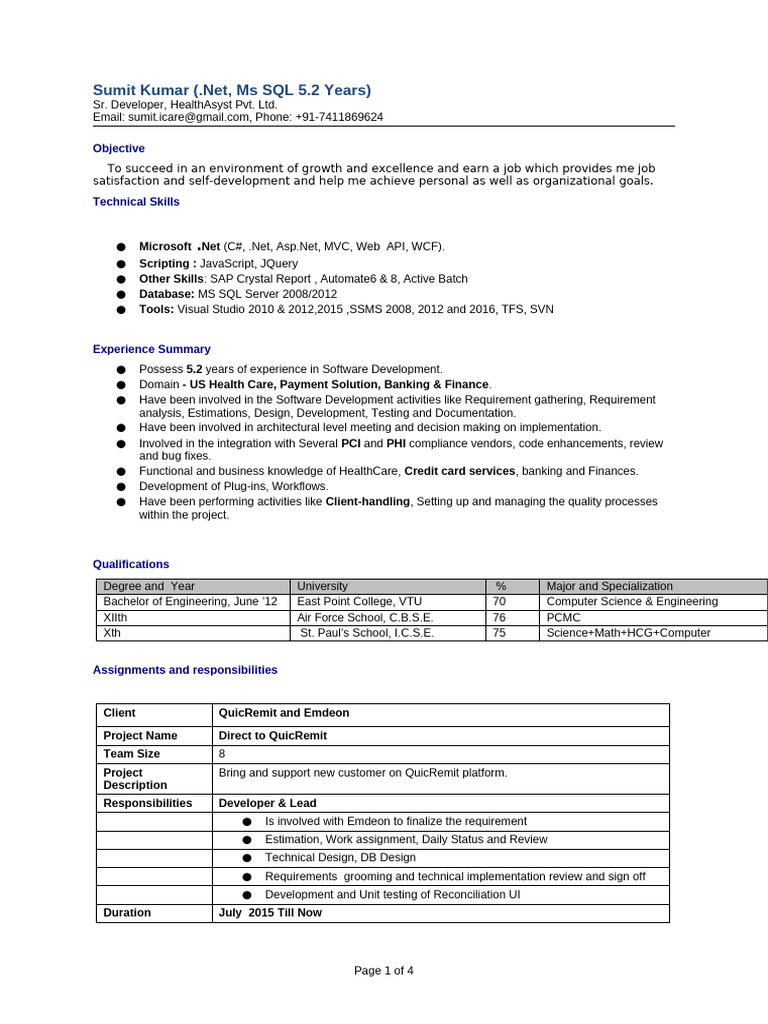 Sumit - BE CSE DotNet - MSSQL - Resume-1 | PDF | Microsoft Sql Server | Computing