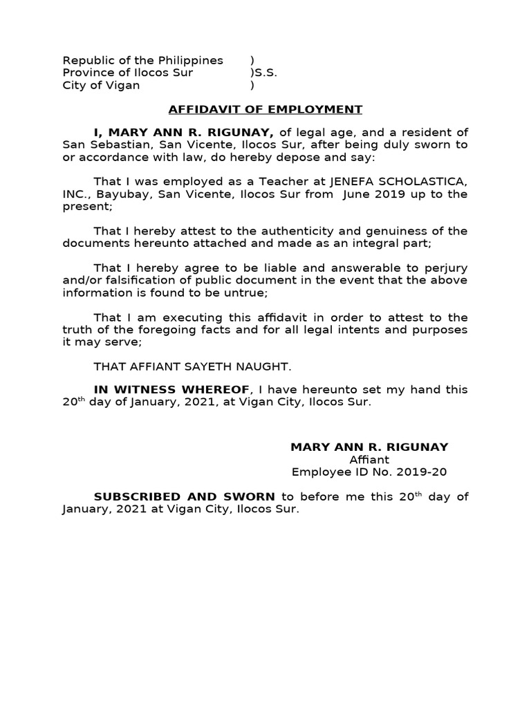 Affidavit of Employment for Mary Ann Rigunay | PDF | Social Science | Law