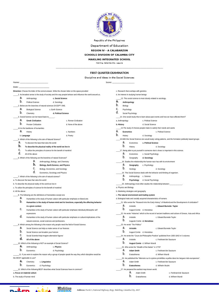 DISS 1st periodical key to correction | PDF
