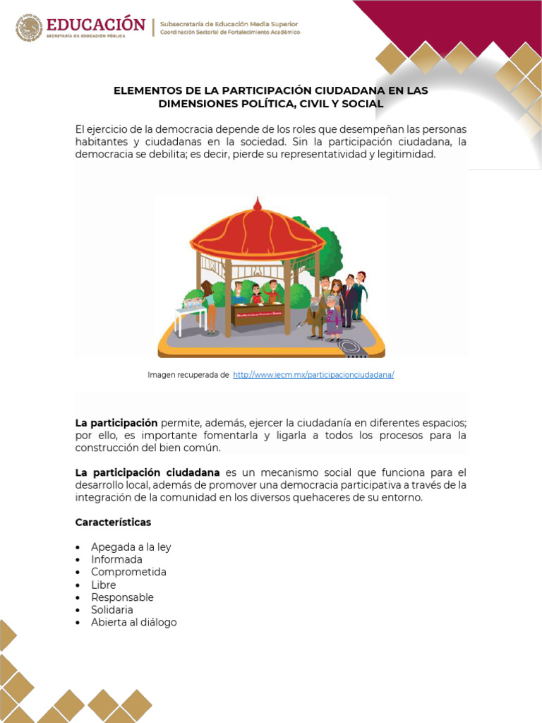 7 Elementos de La Participación Ciudadana en Las Dimensiones Política, Civil y Social | PDF