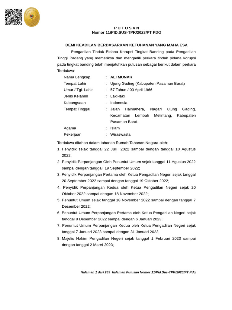 Putusan 11 Pid - Sus-Tpk 2023 PT PDG 20231205105113 | PDF