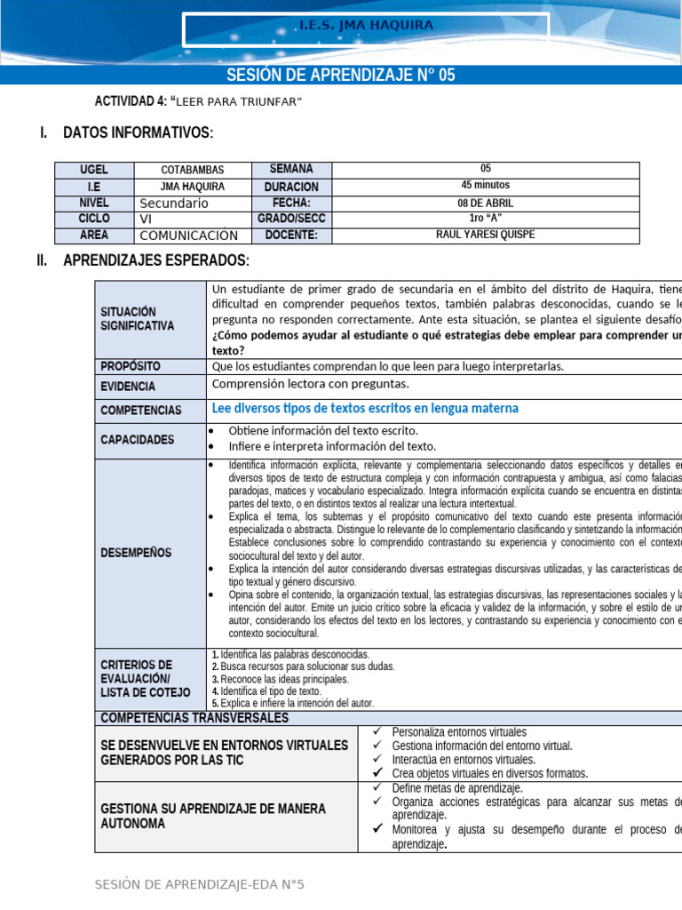 5ºA SES 05 COM SEM 5 UNI 1 - Comprension Lectora | PDF