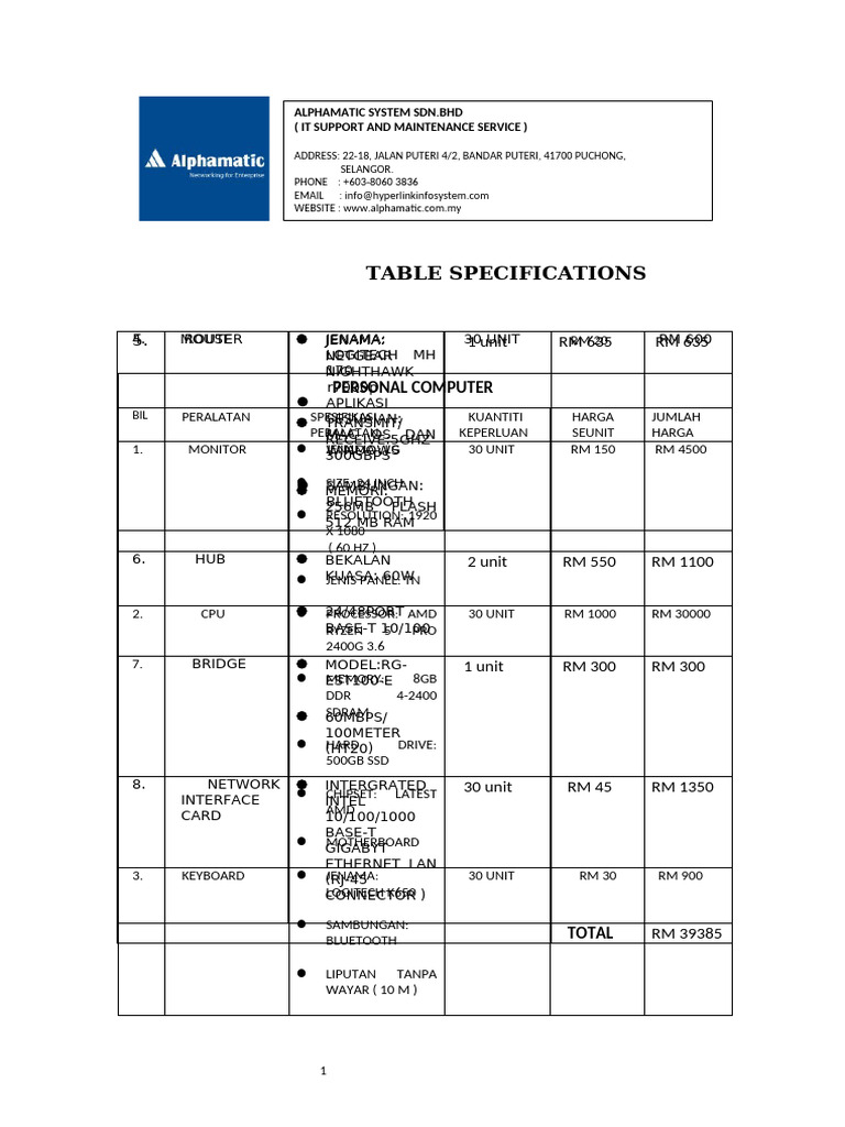 TABLE SPECIFICATION | PDF