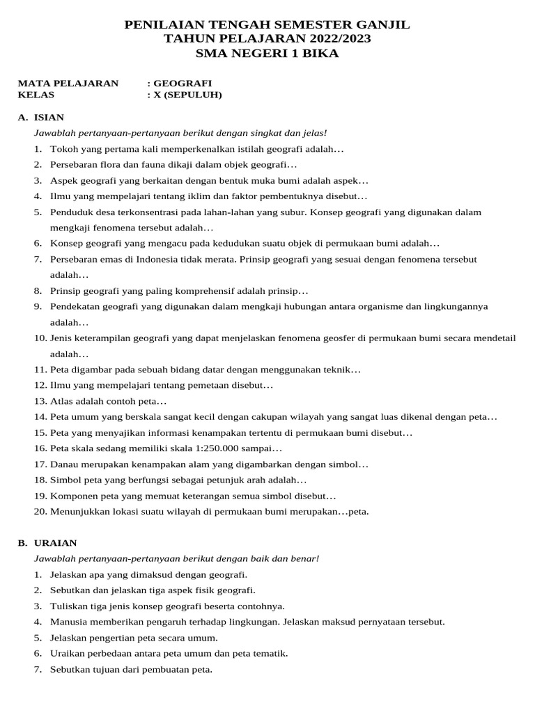 Penilaian Tengah Semester Ganjil Geo X | PDF