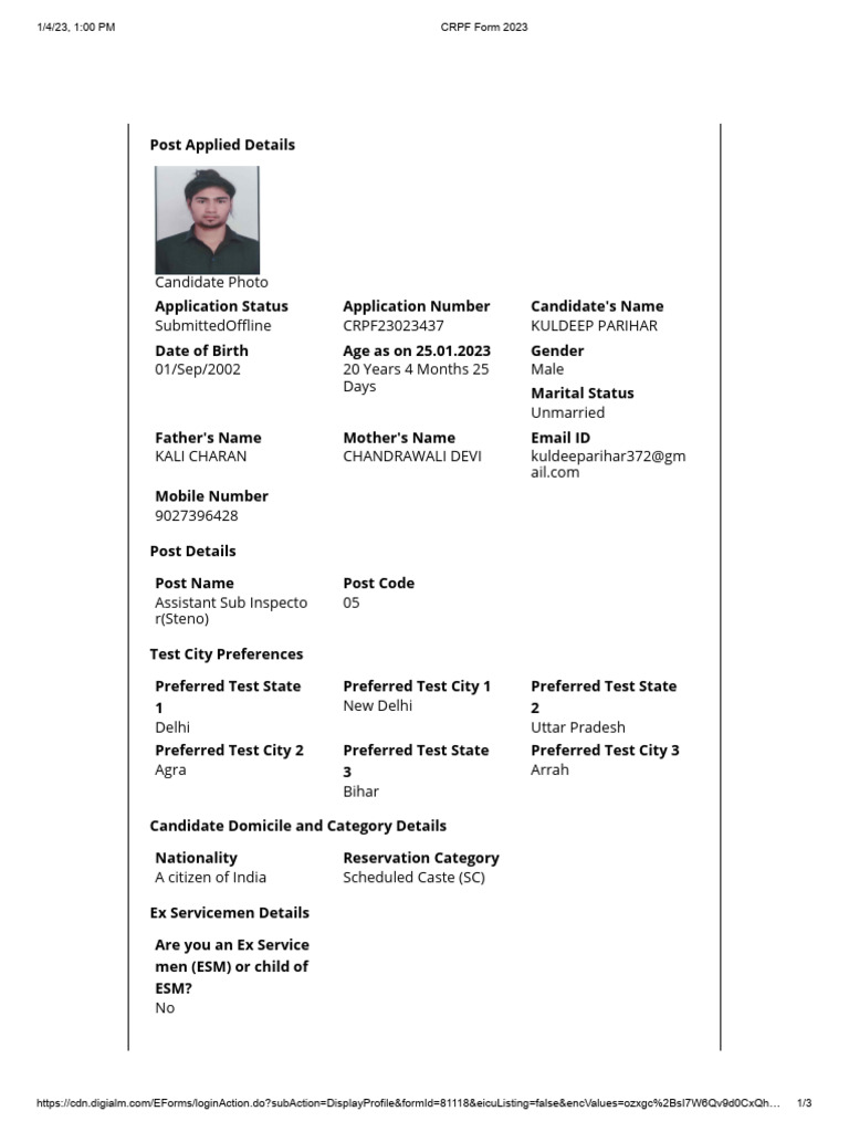 CRPF Form 2023 Asi | PDF