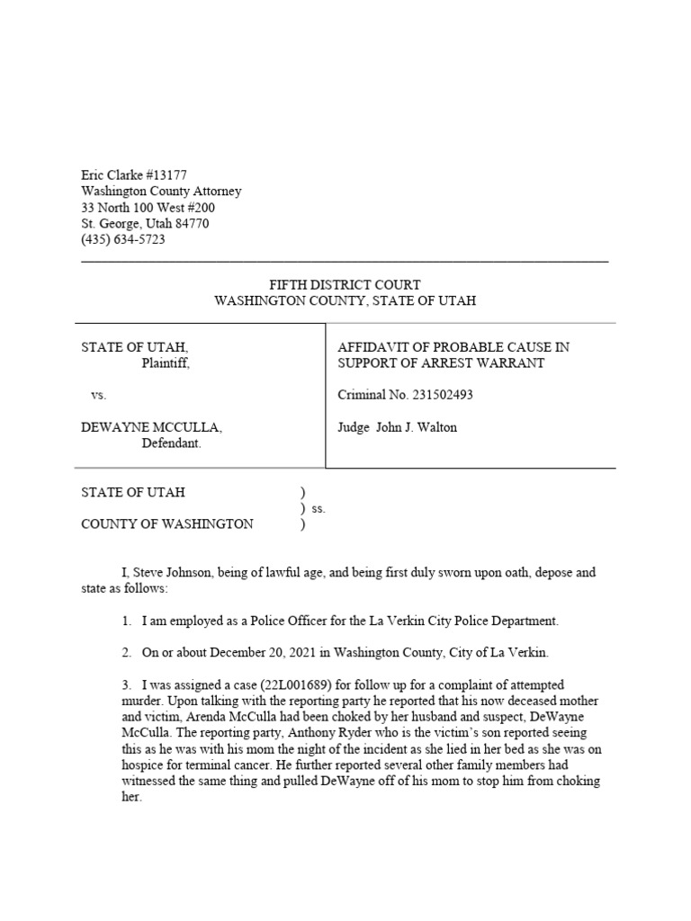 Probable Cause Affidavit: McCulla Case | PDF | Arrest Warrant | Law