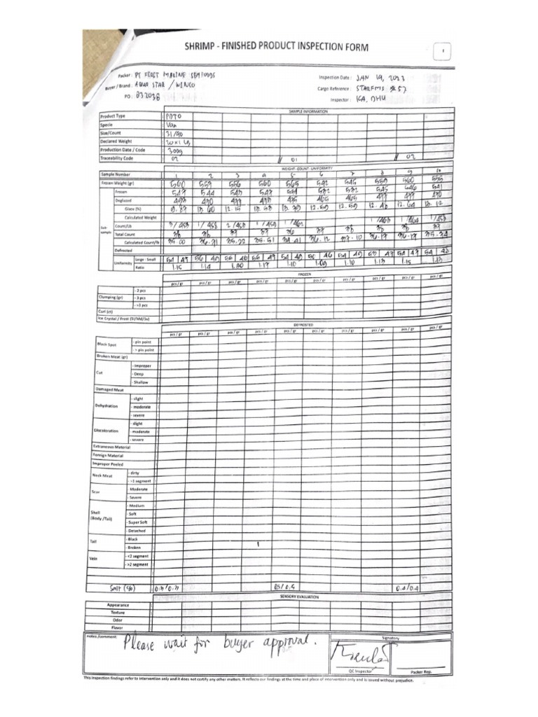 Shrimp - Finished Product Inspection Form | PDF