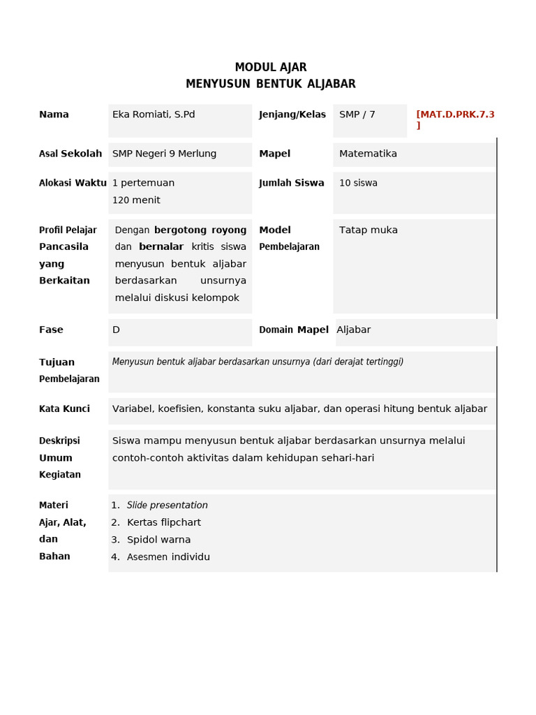 Modul Ajar Matematika - Menyusun Bentuk Aljabar - Fase D | PDF