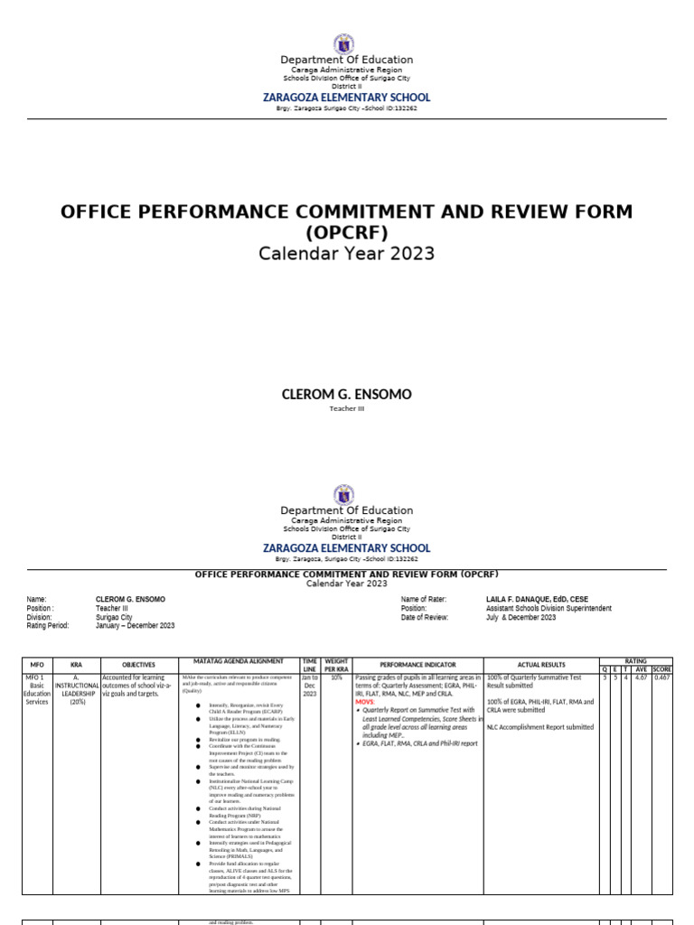 OPCR-2023-CGENSOMO-MATATAG-AGENDA-ALIGNMENT | PDF