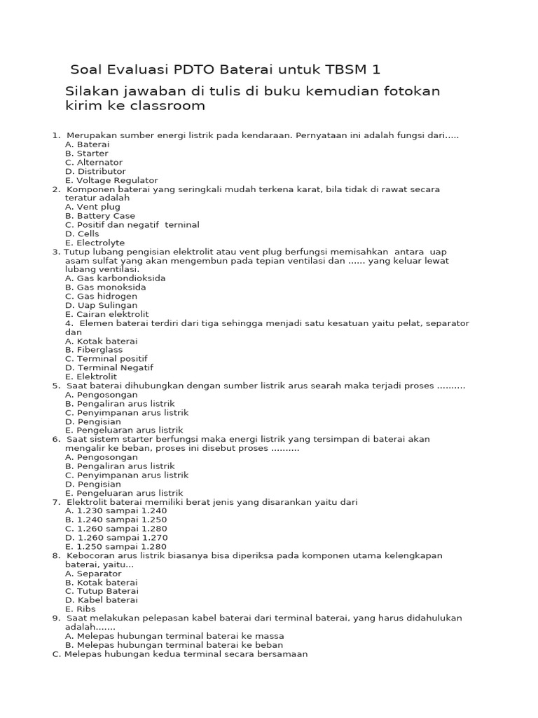 Soal Evaluasi PDTO Baterai Untuk TBSM 1 | PDF