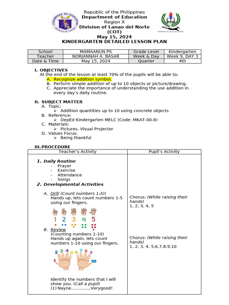 Kindergarten Addition Lesson Plan | PDF | Teachers | Teaching