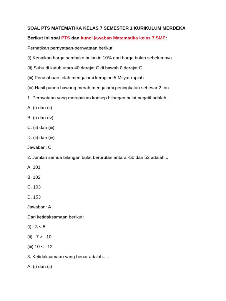 Soal PTS Matematika Kelas 7 Semester 1 Kurikulum Merdeka | PDF