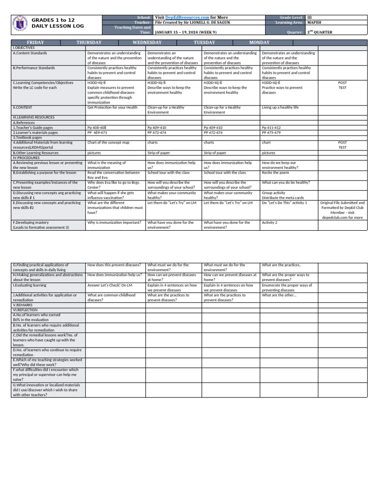 DLL - Mapeh 3 - Q2 - W9 | PDF