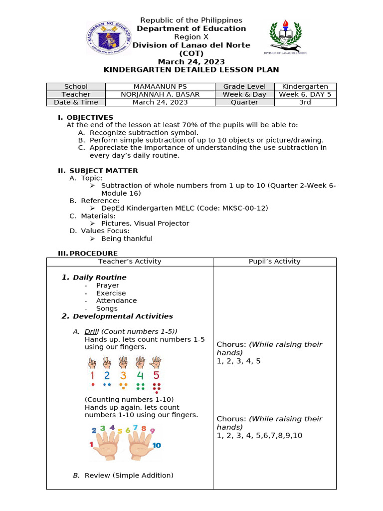Kindergarten Detailed Lesson Plan Quarter 3-Week 6 | PDF