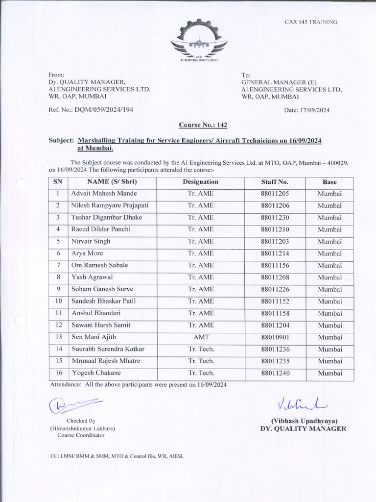 WR QC-142-16 SEPT 2024 Marshalling Training For SE | PDF