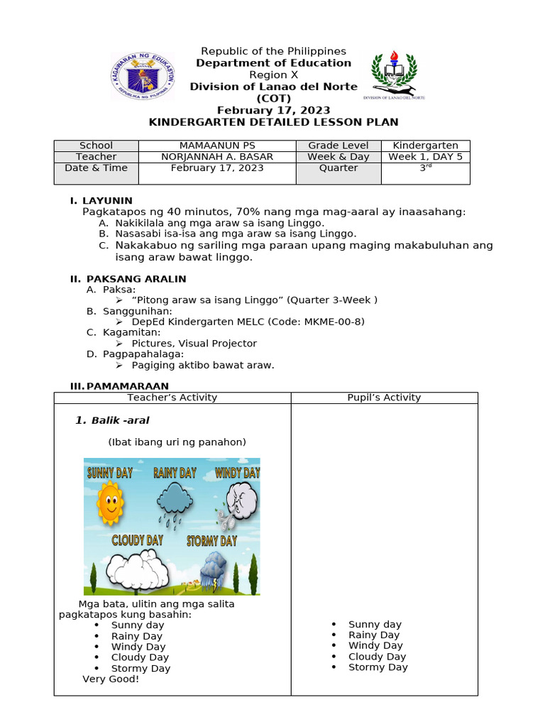 Kindergarten Detailed Lesson Plan Quarter 3 - Week 1 | PDF