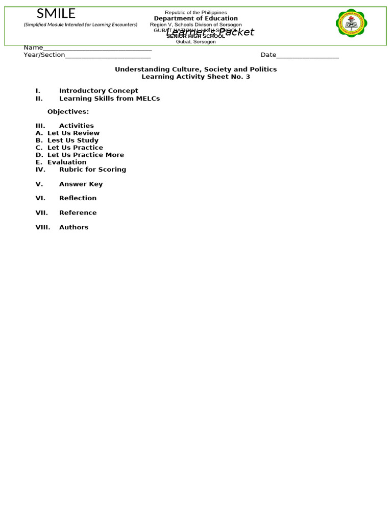 Learner's Packet: Name - Year/Section - Date | PDF