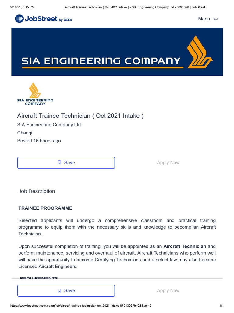 Aircraft Trainee Technician (Oct 2021 Intake) - SIA Engineering Company ...
