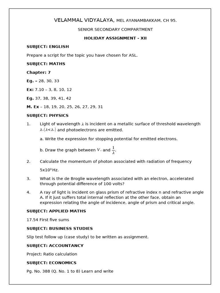 Xii Holiday Assignment | PDF