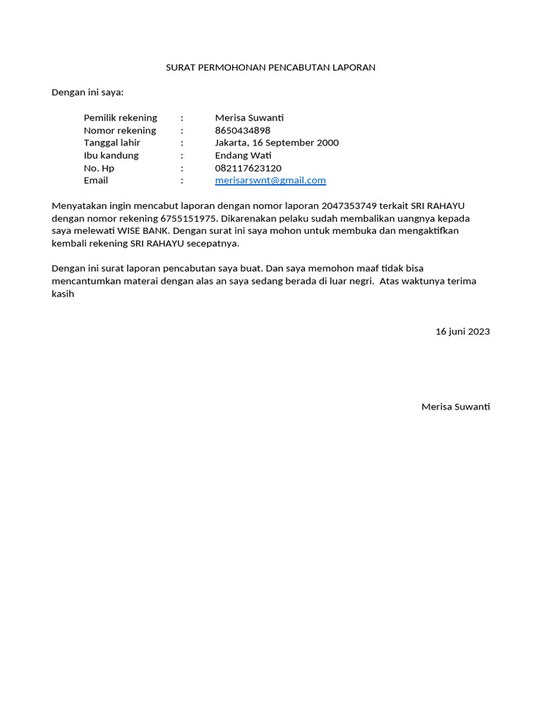 Surat Permohonan Pencabutan Laporan | PDF