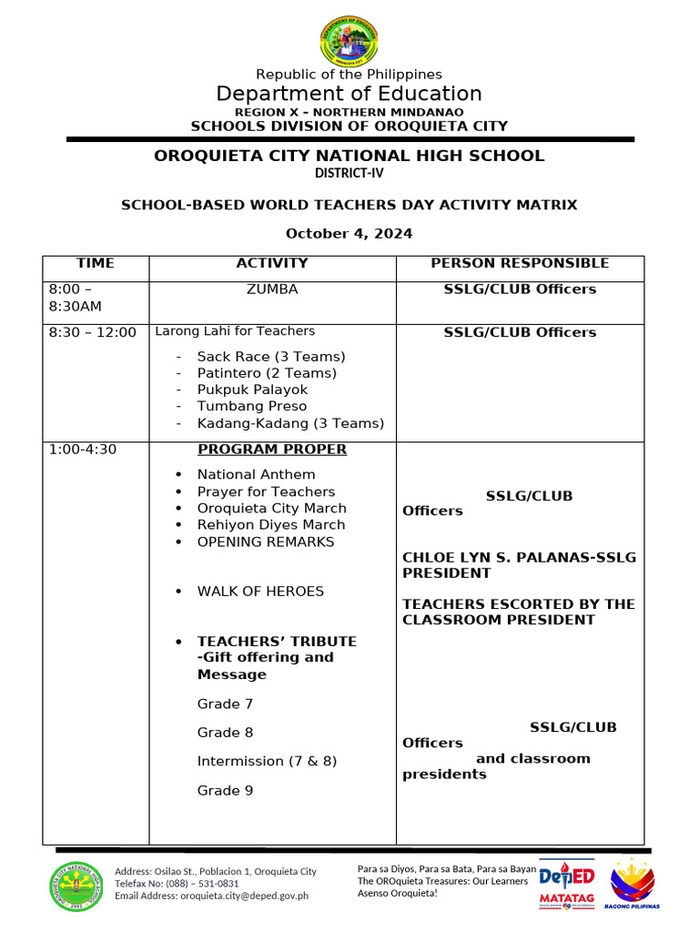TEACHERS DAY ACTIVITY MATRIX 2024 - Ocnhs | PDF