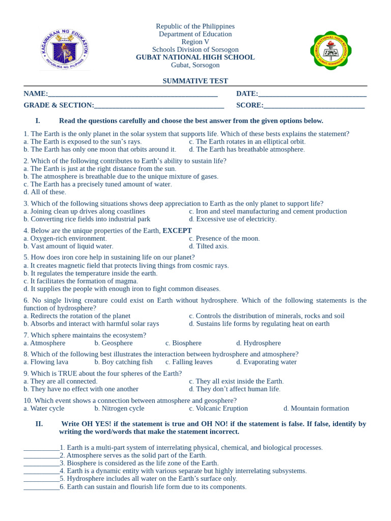 EARTH SCIENCE SUMMATIVE TEST 1 | PDF