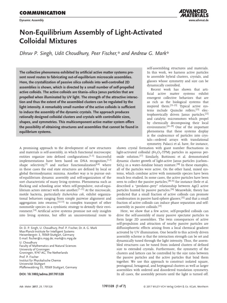 Light-Driven Self-Assembly of Colloids | PDF | Colloid | Particle