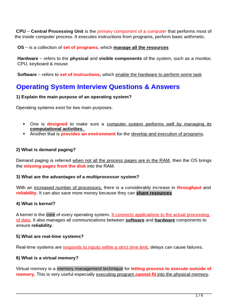 Top 50 Operating System Interview Questions | PDF