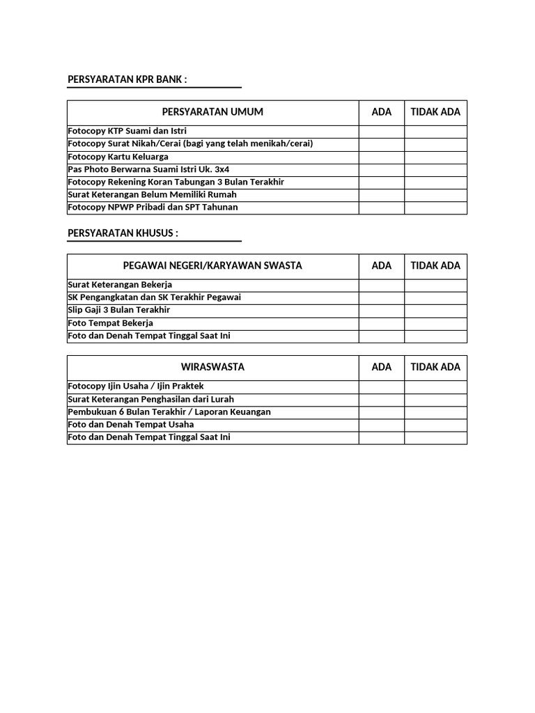Ceklist Data Pengajuan KPR Konsumen | PDF