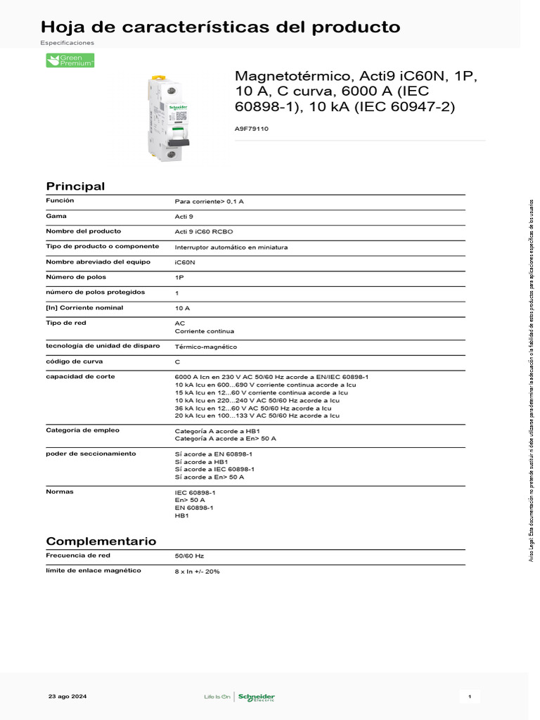 Schneider Electric Acti-9-IC60 A9F79110 | PDF