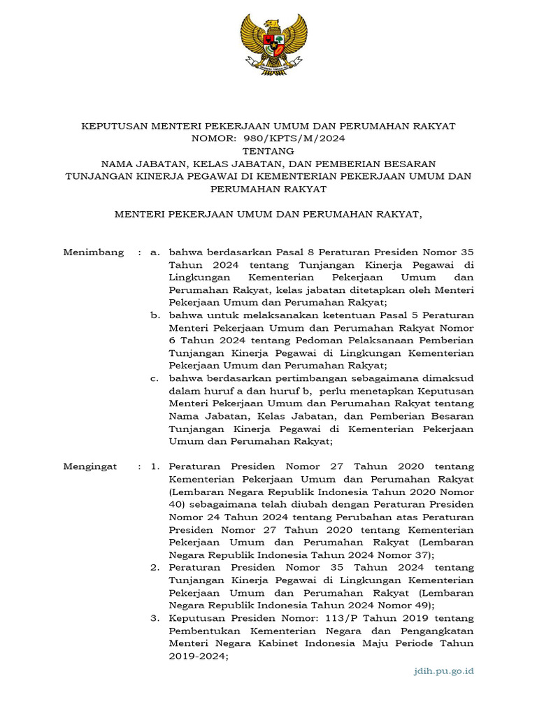 Kepmen PUPR No.980 Tahun 2024 - Nama Jabatan, Kelas Jabatan, Dan ...