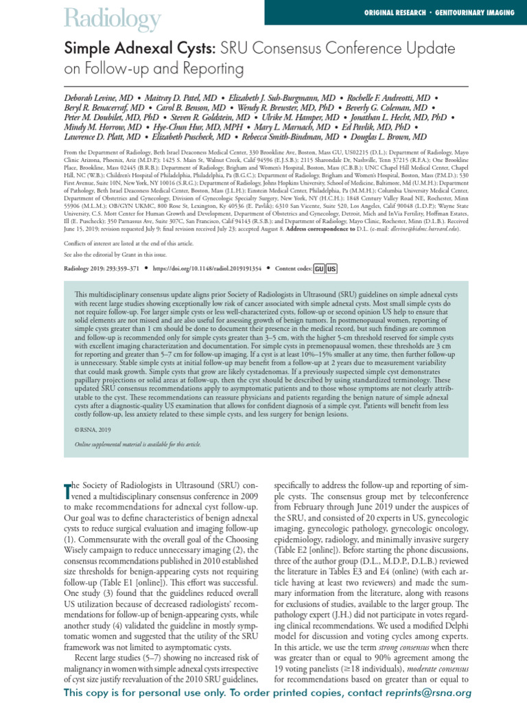 Levine Et Al 2019 Simple Adnexal Cysts Sru Consensus Conference Update on Follow Up and ...