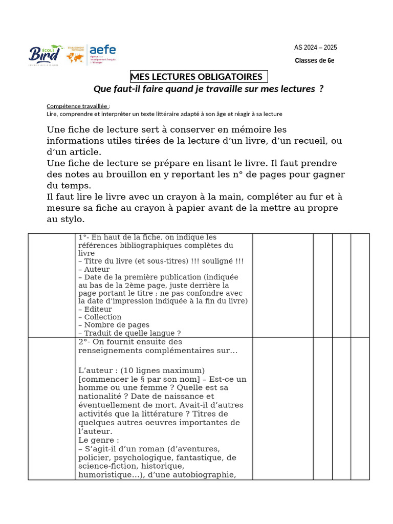 Fiche de Lecture pour 6e: Guide Pratique | PDF