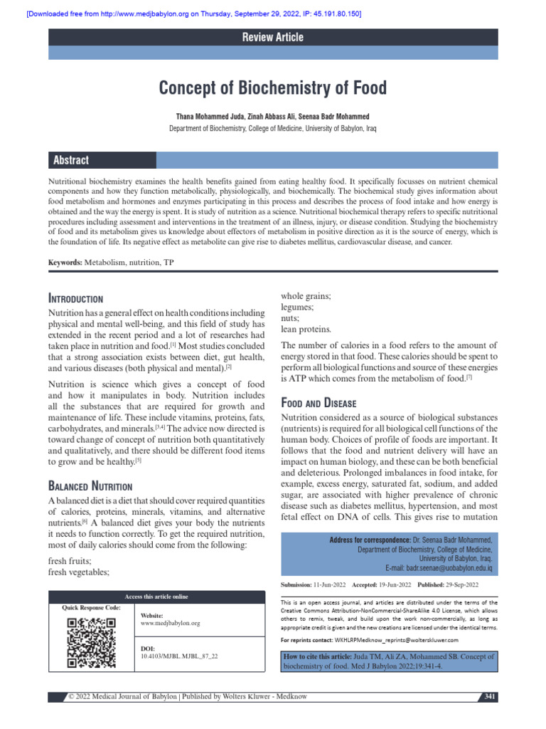 Concept of Biochemistry of Food | PDF