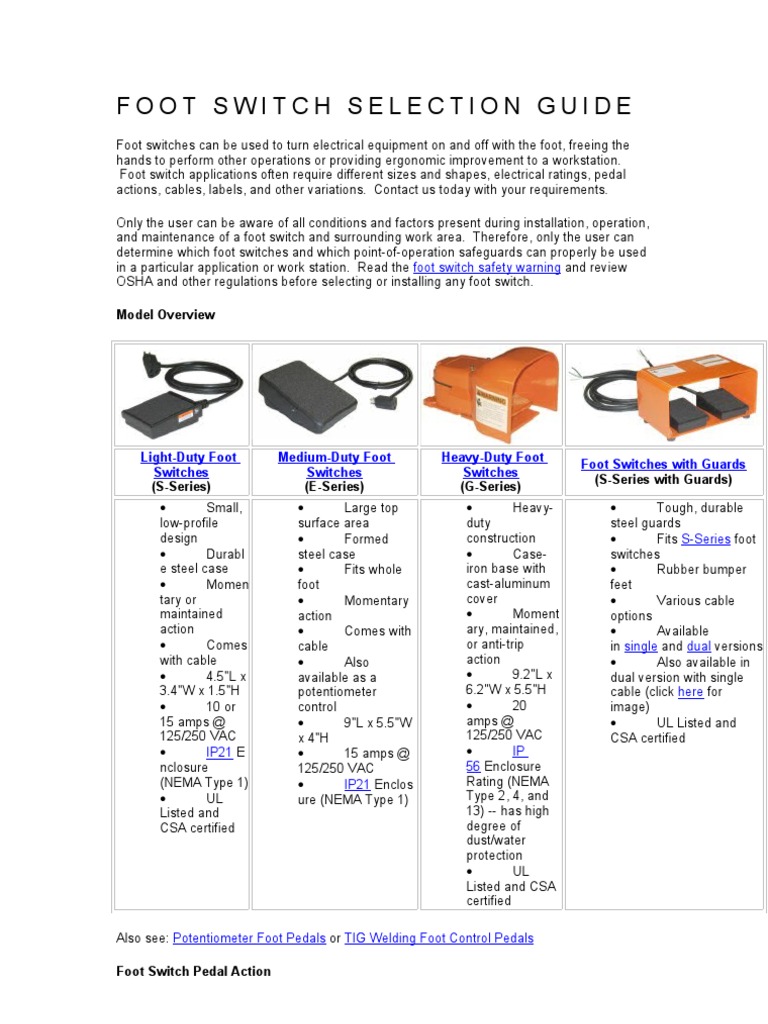 Foot Switch Selection Guide | PDF | Switch | Electric Power