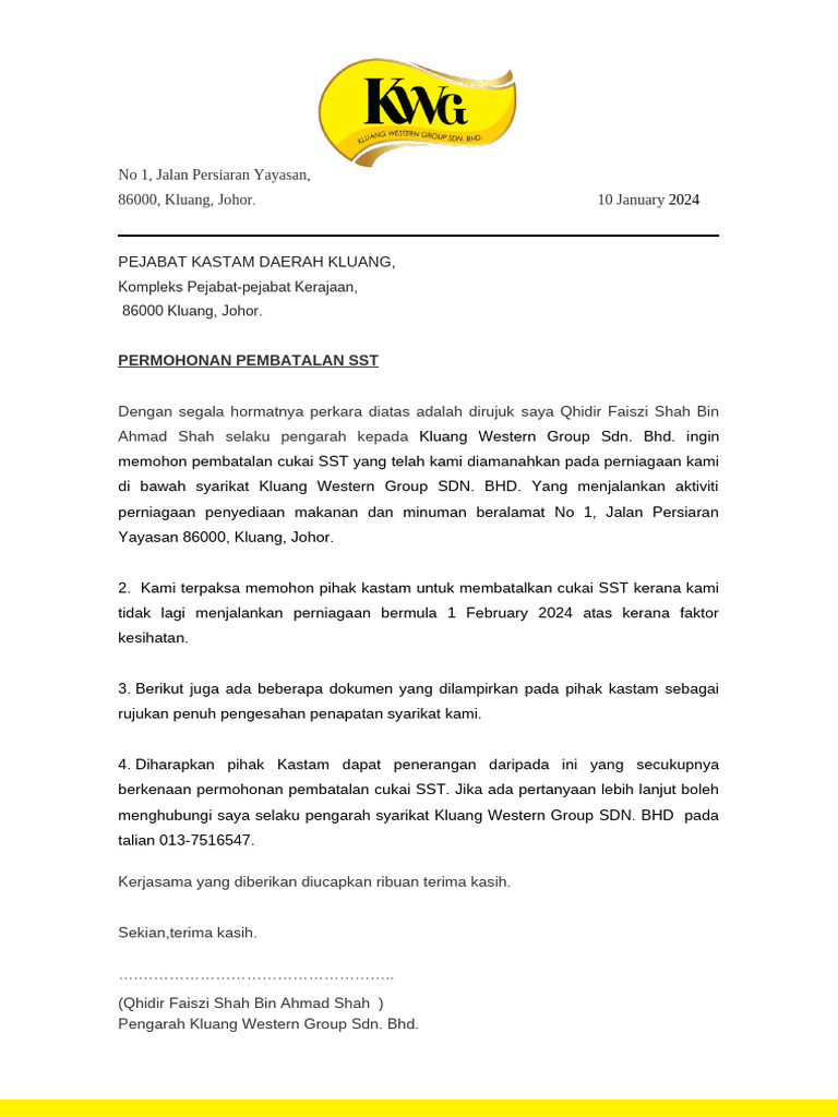 Surat Kastam Batal SST KWG | PDF