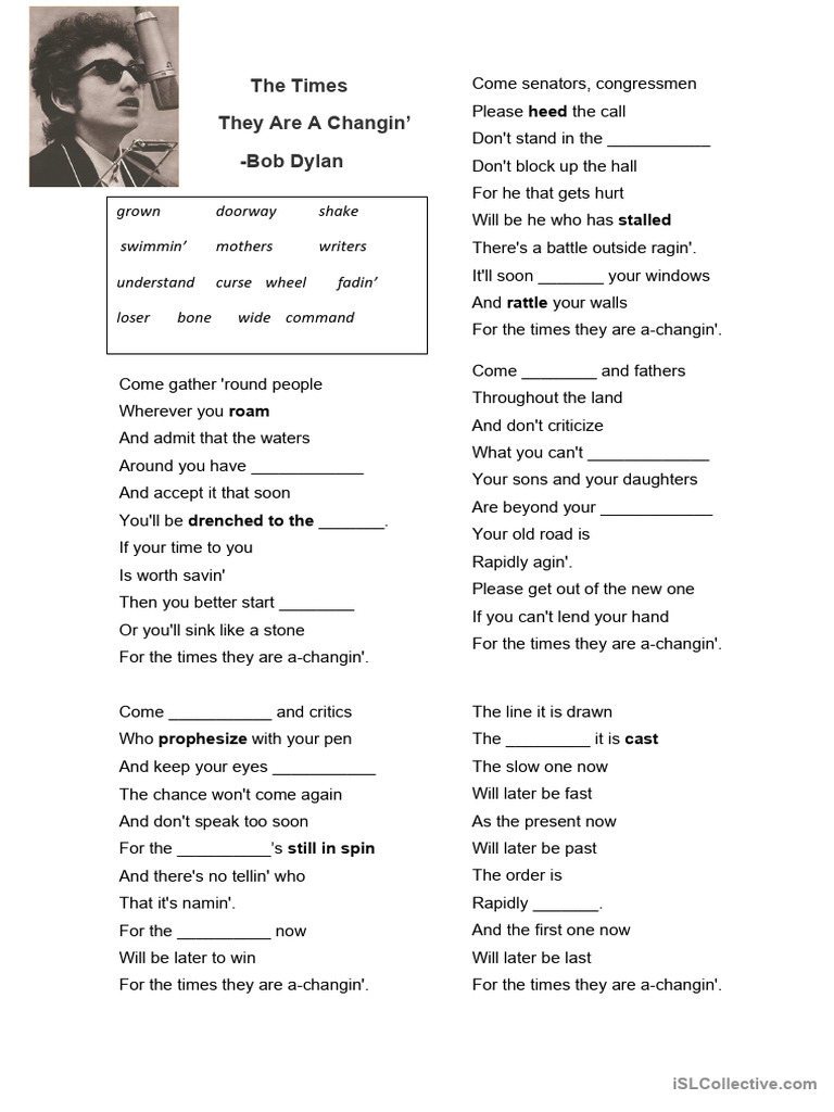 Bob Dylan - The Times They Are A Changin' - Gap Fill | PDF