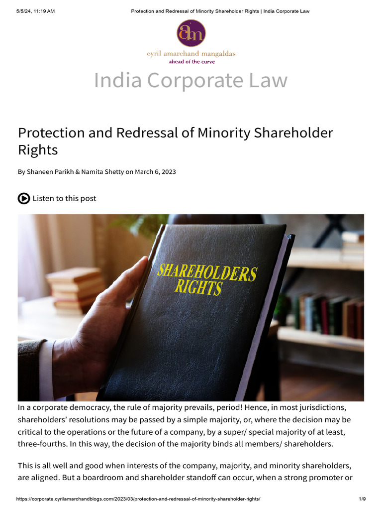 Protection and Redressal of Minority Shareholder Rights - India ...