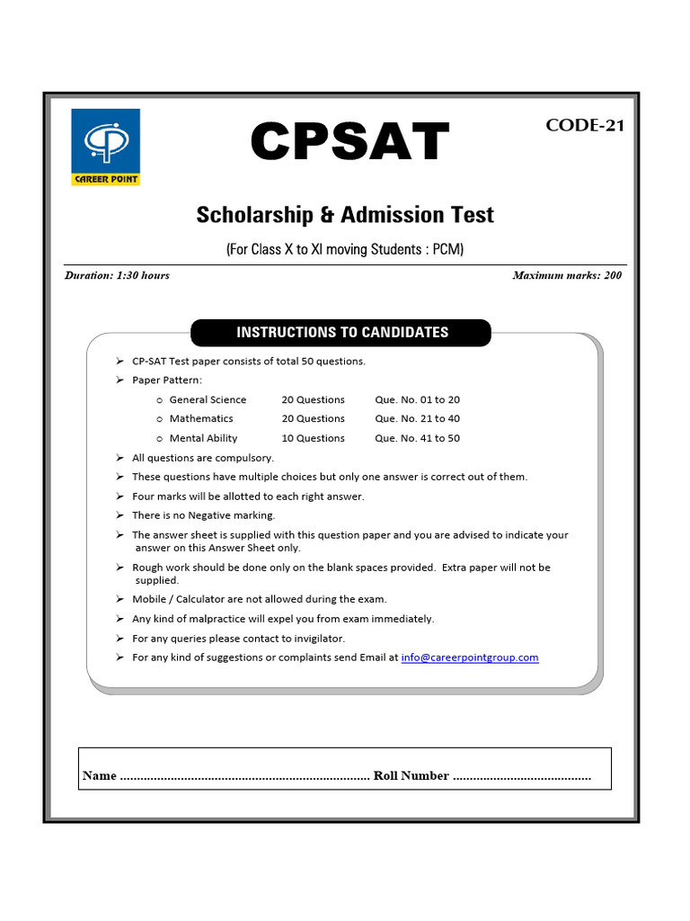 CP-SAT-Class-11-pcm-SET-7-CODE-21 | PDF