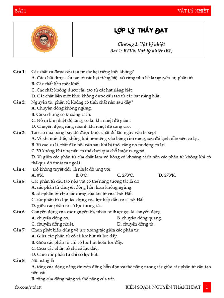 Bài 1. BTVN VẬT LÝ NHIỆT B1 | PDF