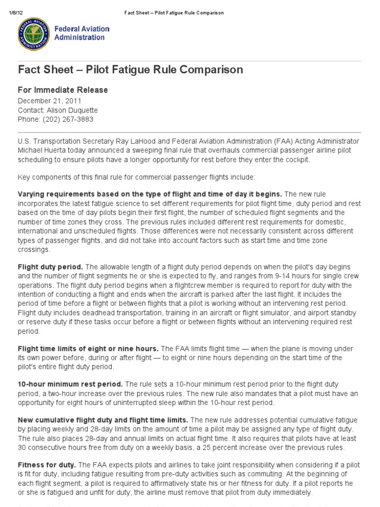 FAA Fact Sheet, Pilote Fatigue Rule Comparison | PDF | Pilot ...