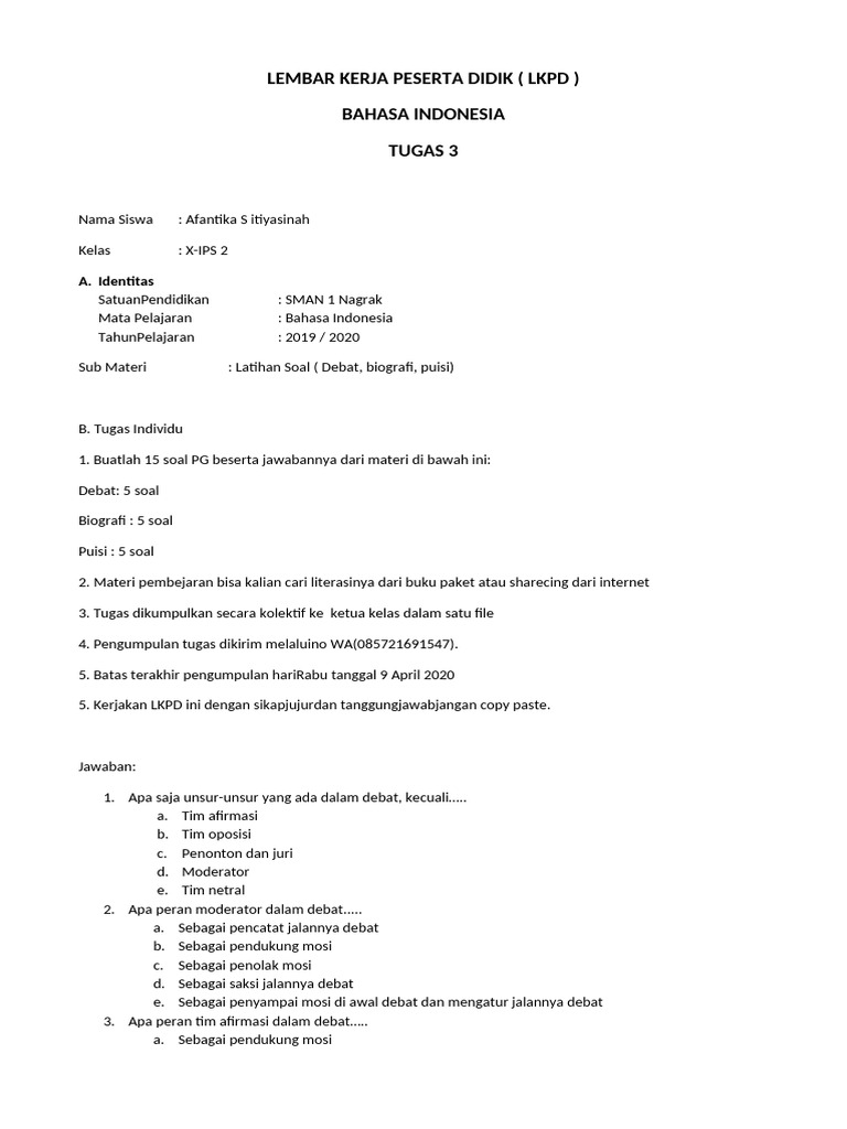 LKPD BAHASA INDONESIA (X-IPS 2)PERTEMUAN - 3 | PDF