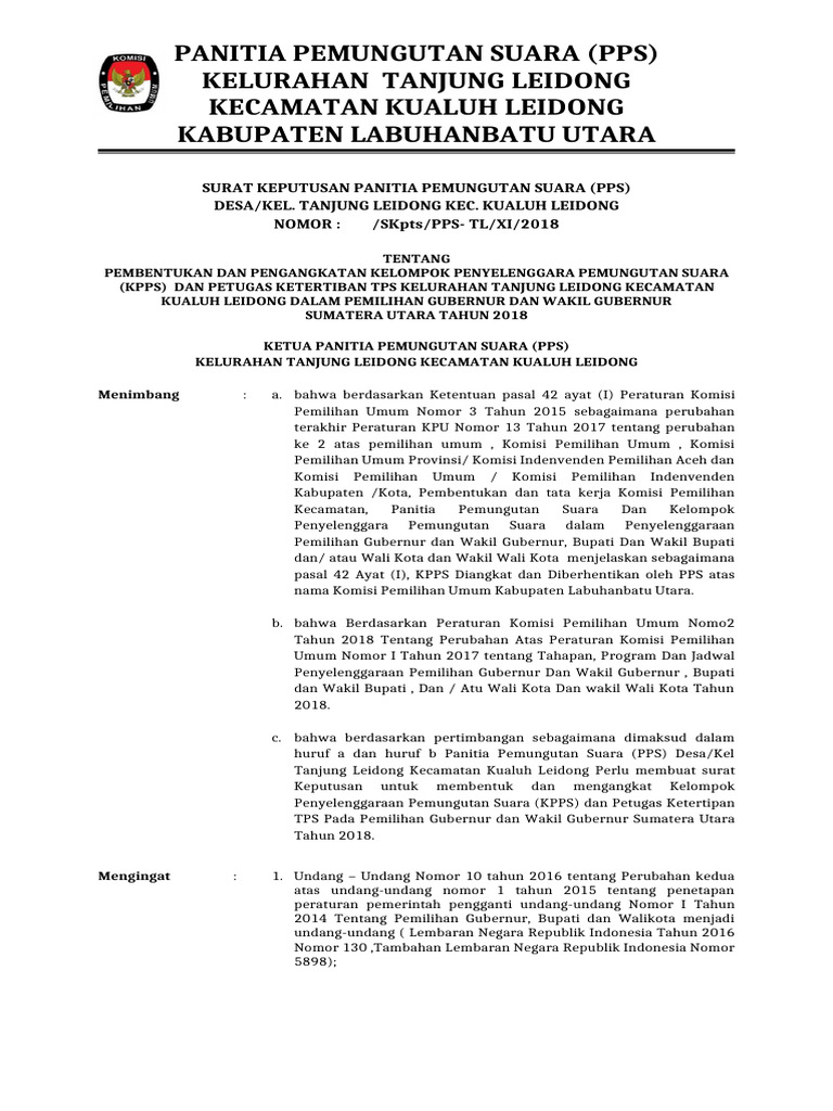 SK Pembentukan KPPS 2018 | PDF