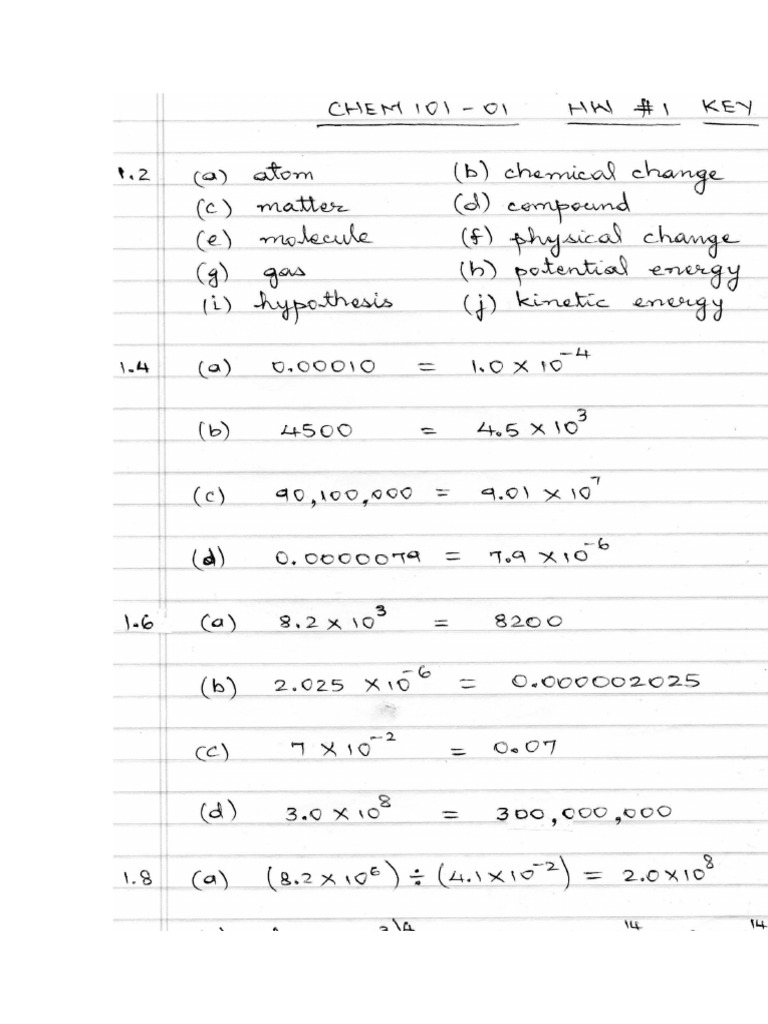 CHEM 101, HW # 1 Key, Fall 2023 | PDF