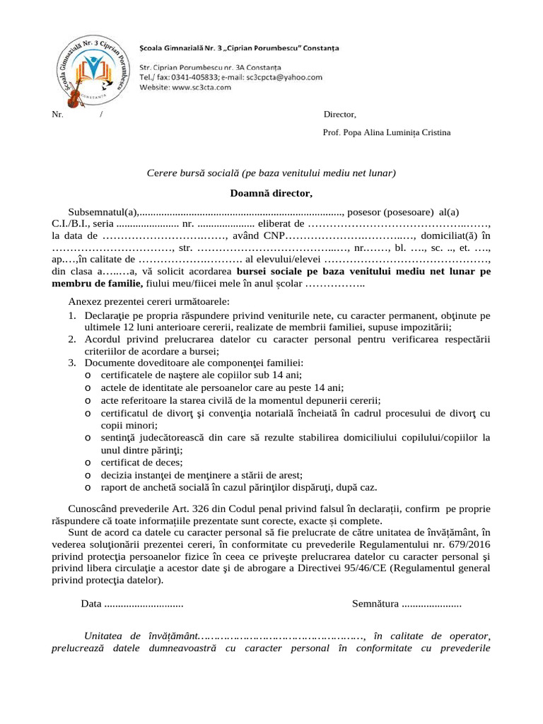 Cerere Bursa Sociala Pe Baza Venitului Mediu Lunar | PDF