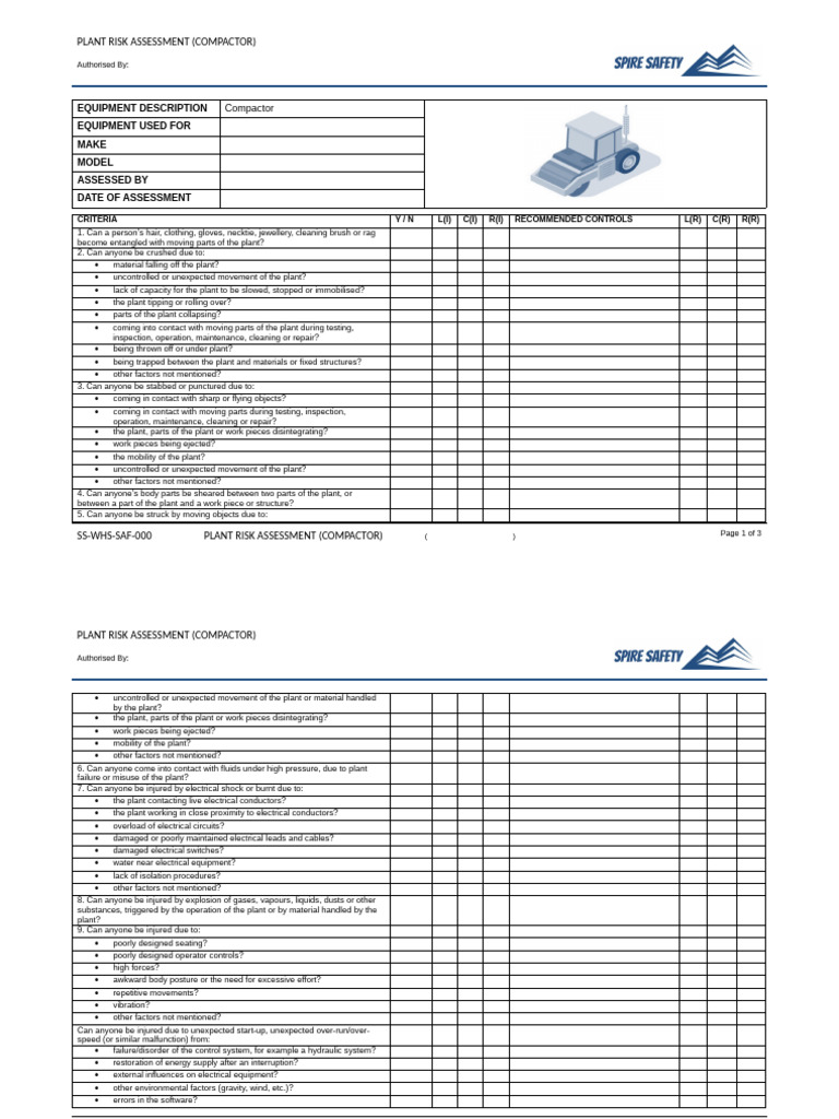 SS WHS SAF 000 Plant Risk Assessment Compactor 2 | PDF