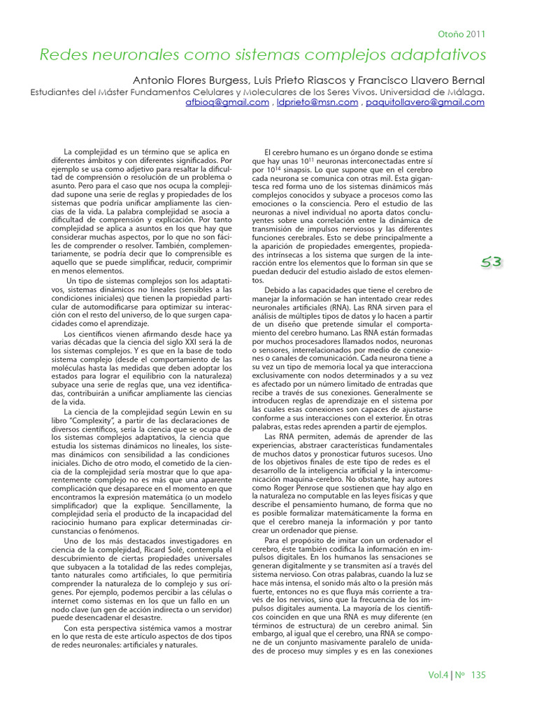 1.redes Neuronales Como Sistemas Complejoa Adaptativos | PDF